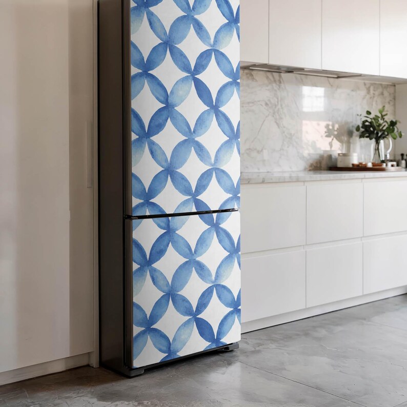Pattern in the Shape of Flowers Fridge Door Cover, Blue Refrigerator ...