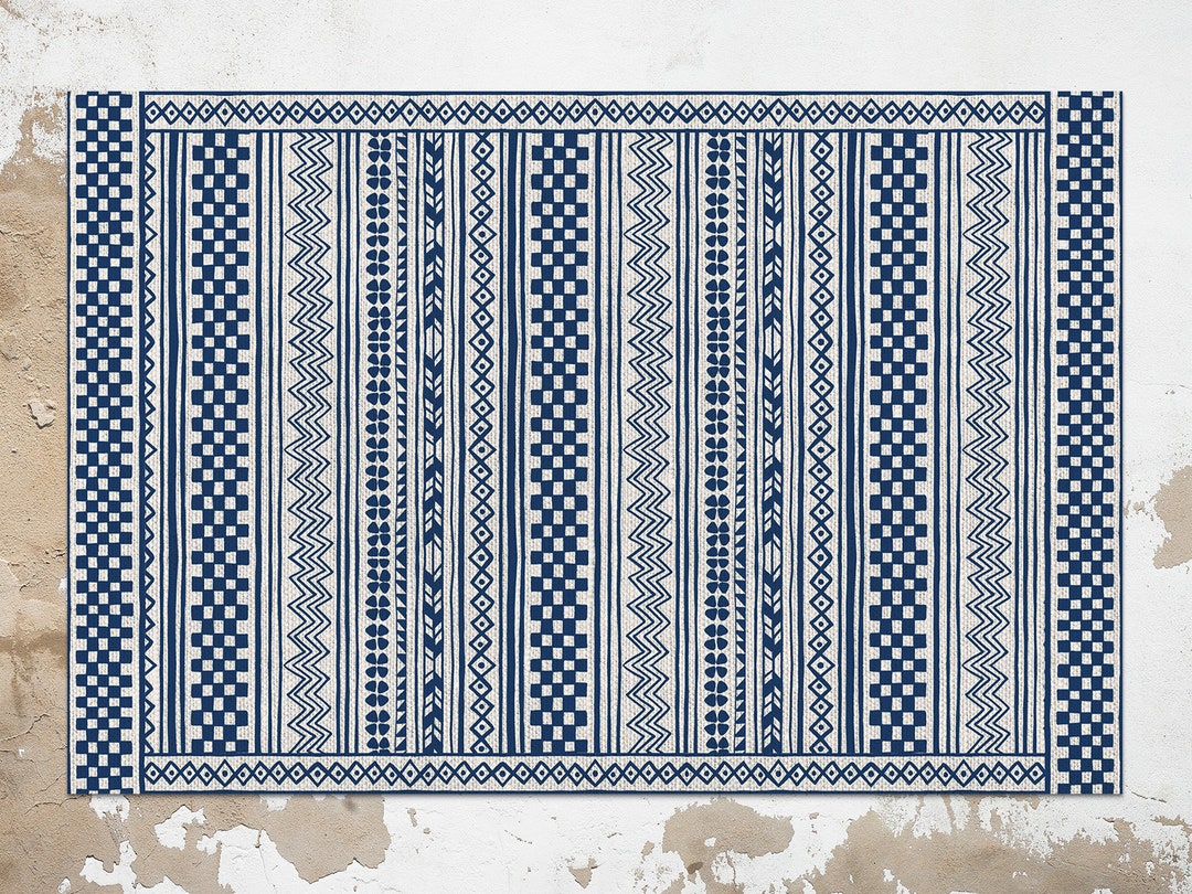 African Ethnic Carpet Vinyl Mat, Blue Vinyl Floor Mat, Gray Vinyl Rug ...