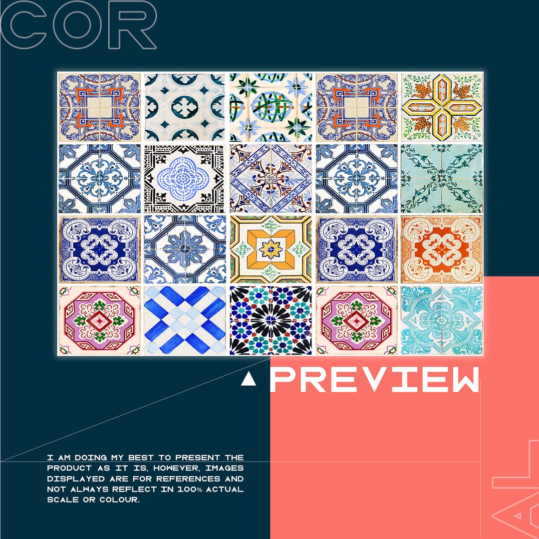 Collage of Decorative Tiles Vinyl Mat, Blue Vinyl Floor Mat, Orange ...