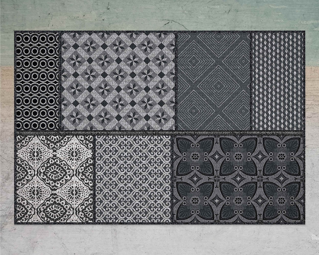 Patchwork Vinyl Rug, Eclectic Vinyl Rug, Gray and Black Vinyl Floor Mat ...