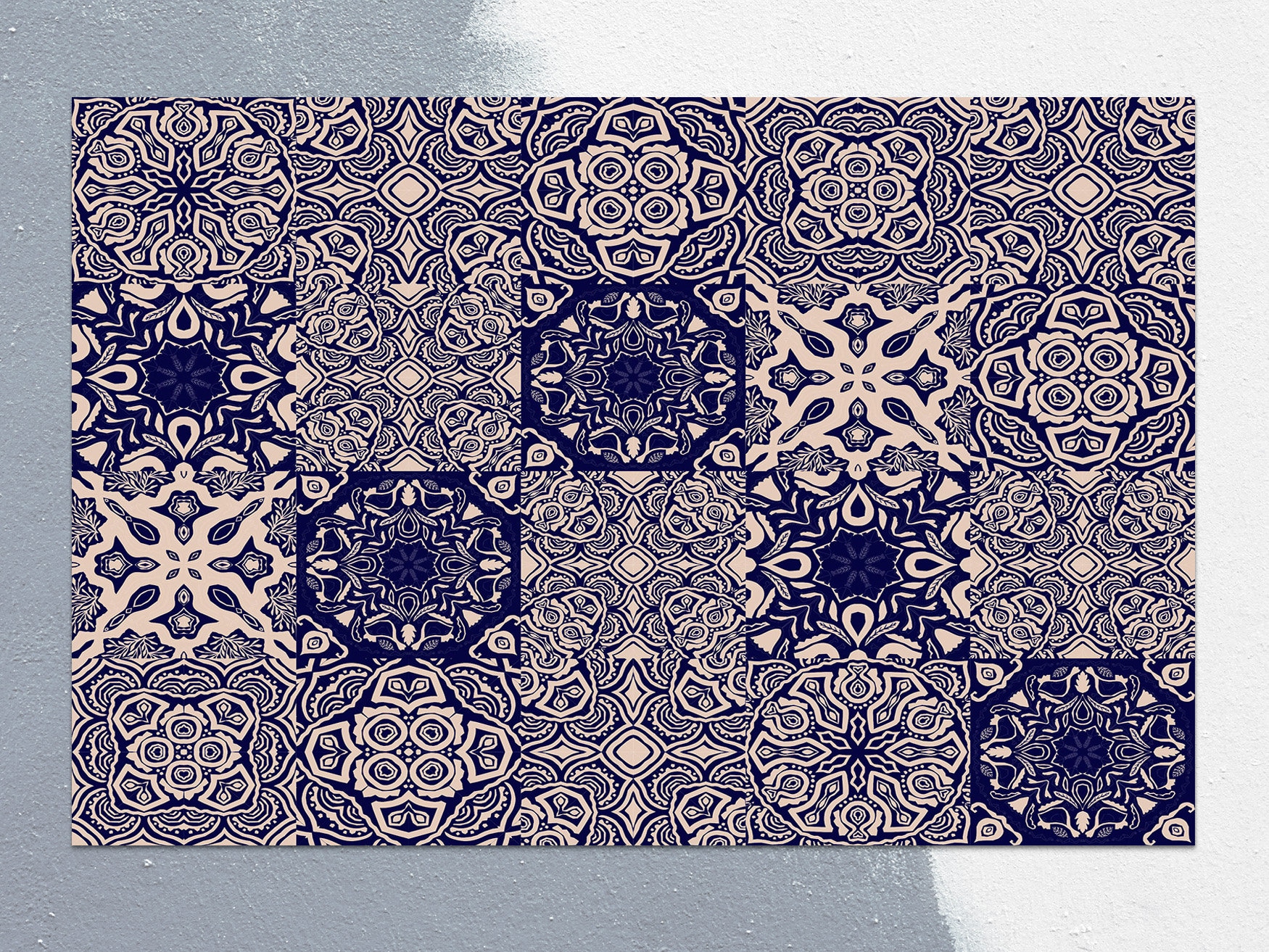 Arabesque Tiles Vinyl Mat, Navy Vinyl Floor Mat, Beige Vinyl Rug ...