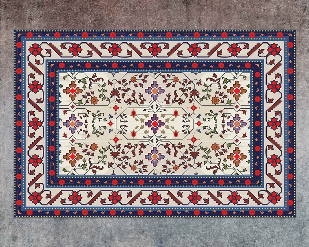 Red and Blue Floral Pattern Vinyl Mat, Retro Vinyl Floor Mat, Blue and ...