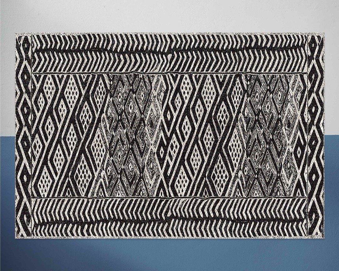 Black Gray Linocut Vinyl Floor Mat, Abstract Vinyl Floor Mat, Gray and ...