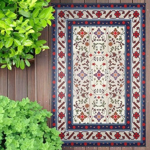 Red and Blue Floral Pattern Vinyl Mat, Retro Vinyl Floor Mat, Blue and ...