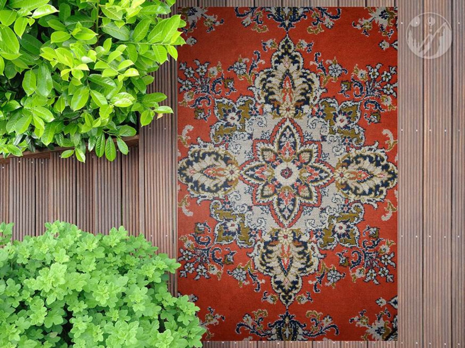 Floral and Ornamental Red Vinyl Mat, Retro Vinyl Floor Mat, Red and ...
