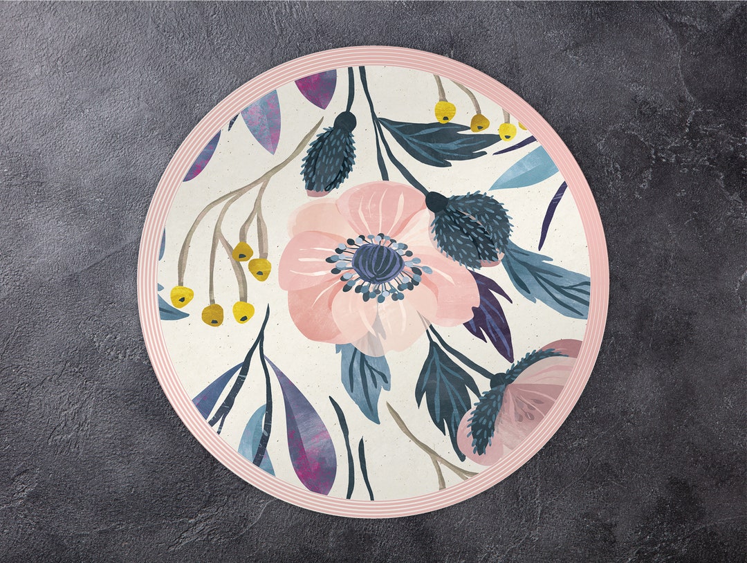 Erba Vinyl Mat, Round Vinyl Mat, Flowery Round Rug, Pink and Blue Vinyl ...