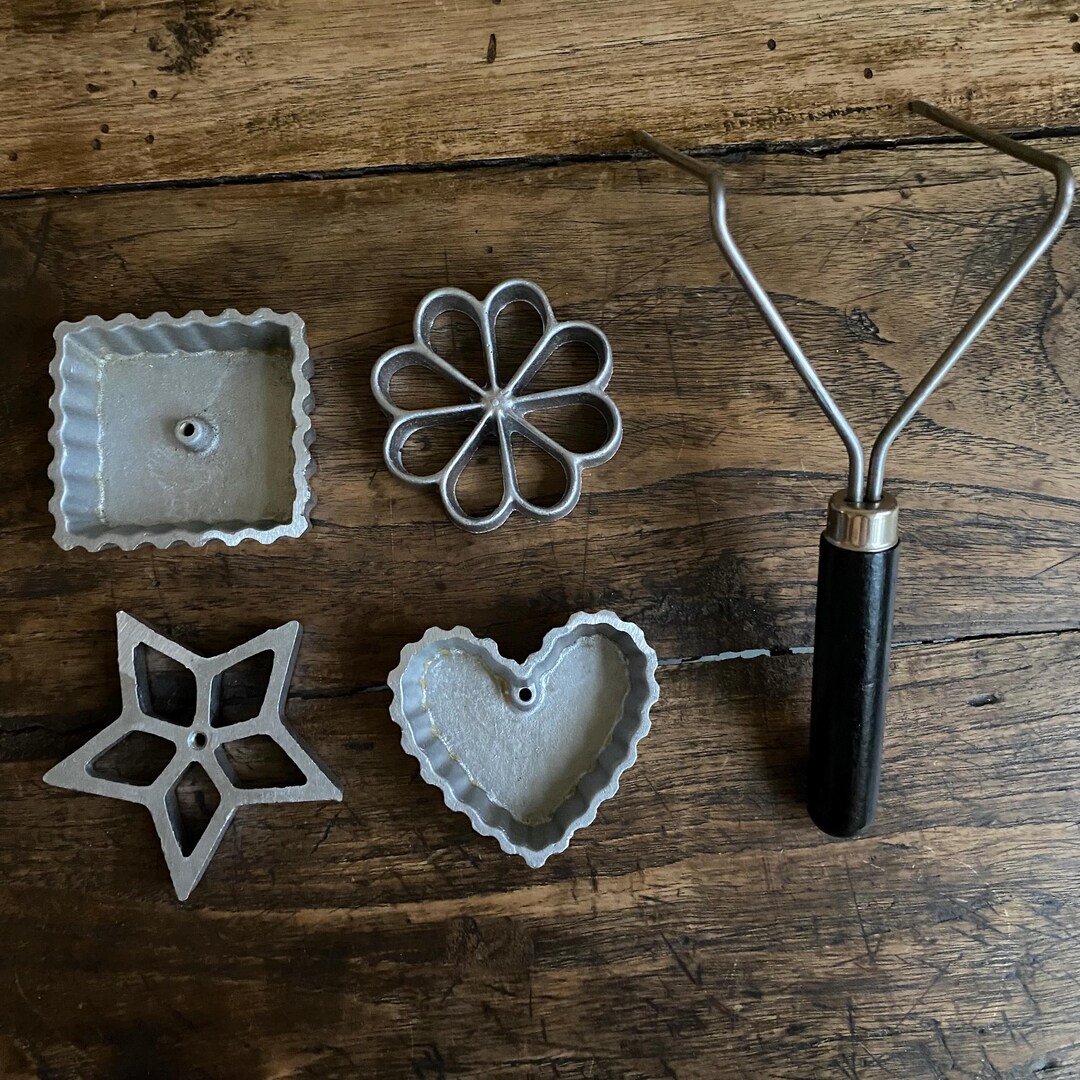 Vintage Nordic Ware Double Rosette Iron & Timbale Iron 4 Molds BOX Wood ...