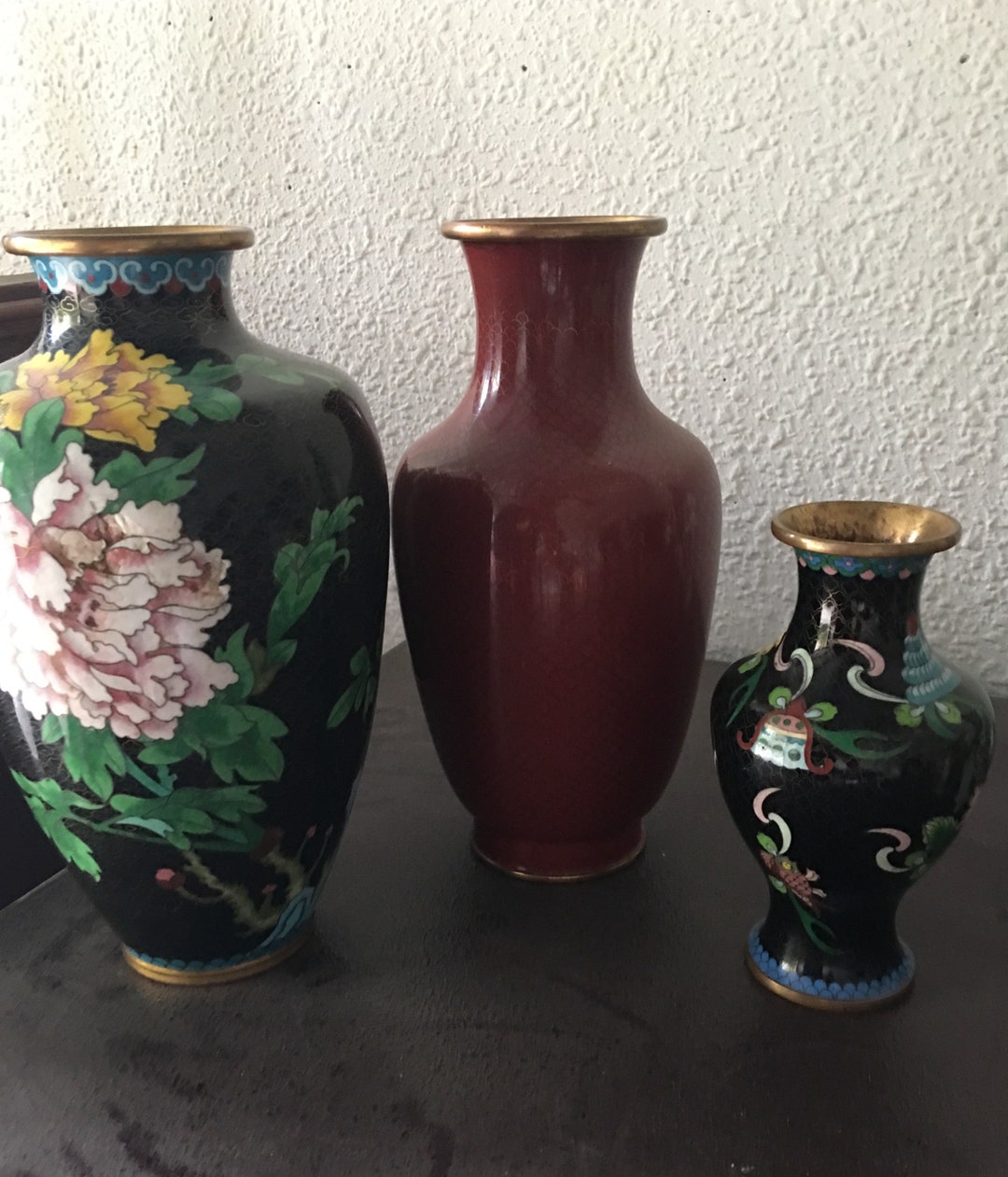 Antique Chinese Enamel Vase Trio, Chinese Cloisonné Vases With Flower ...