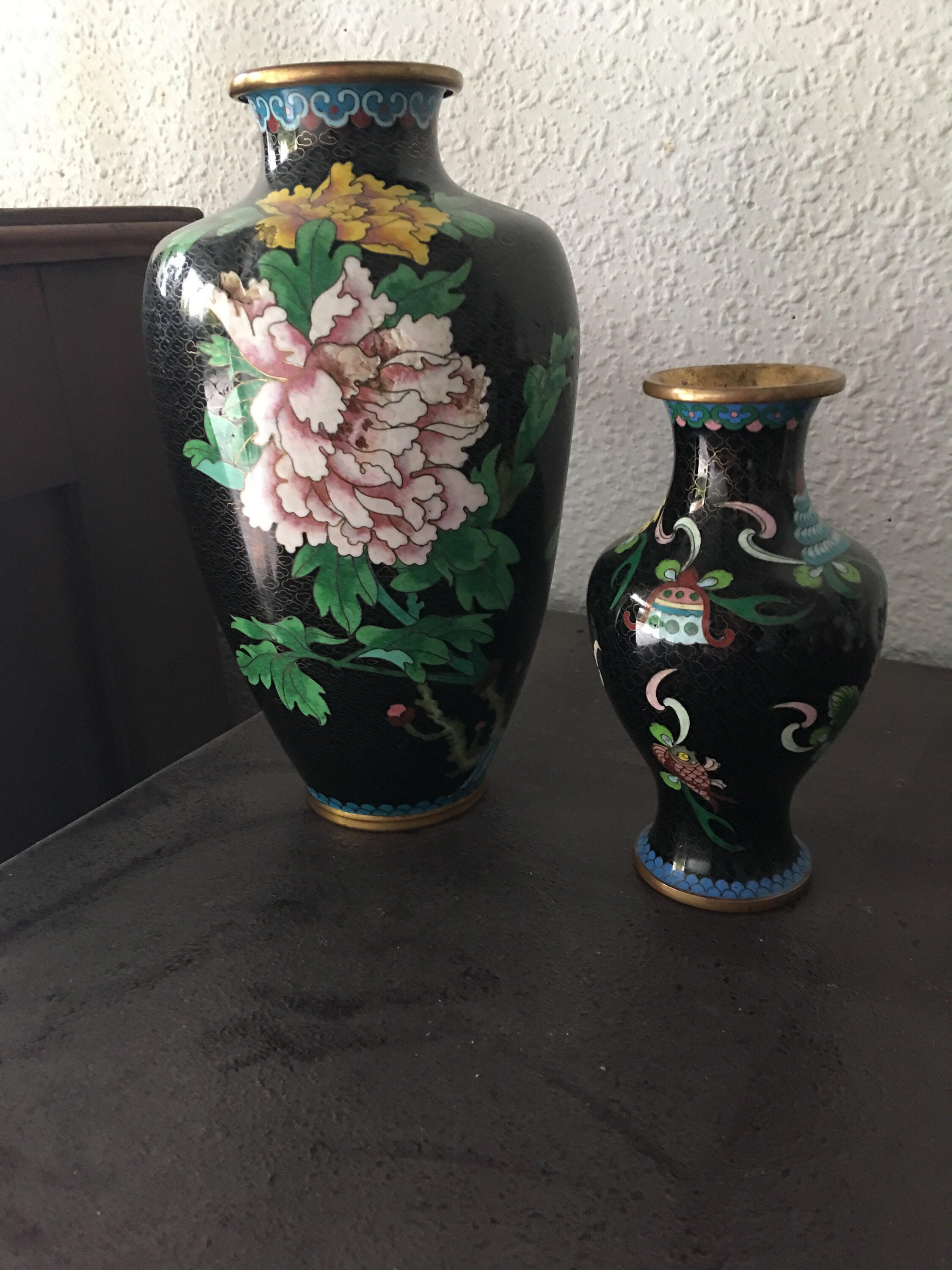 Antique Chinese Enamel Vase Trio, Chinese Cloisonné Vases With Flower ...