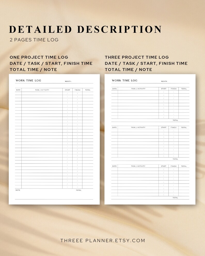 Work Time Log Printable, Task Time Tracker, A4 A5 Letter Half-size PDF ...