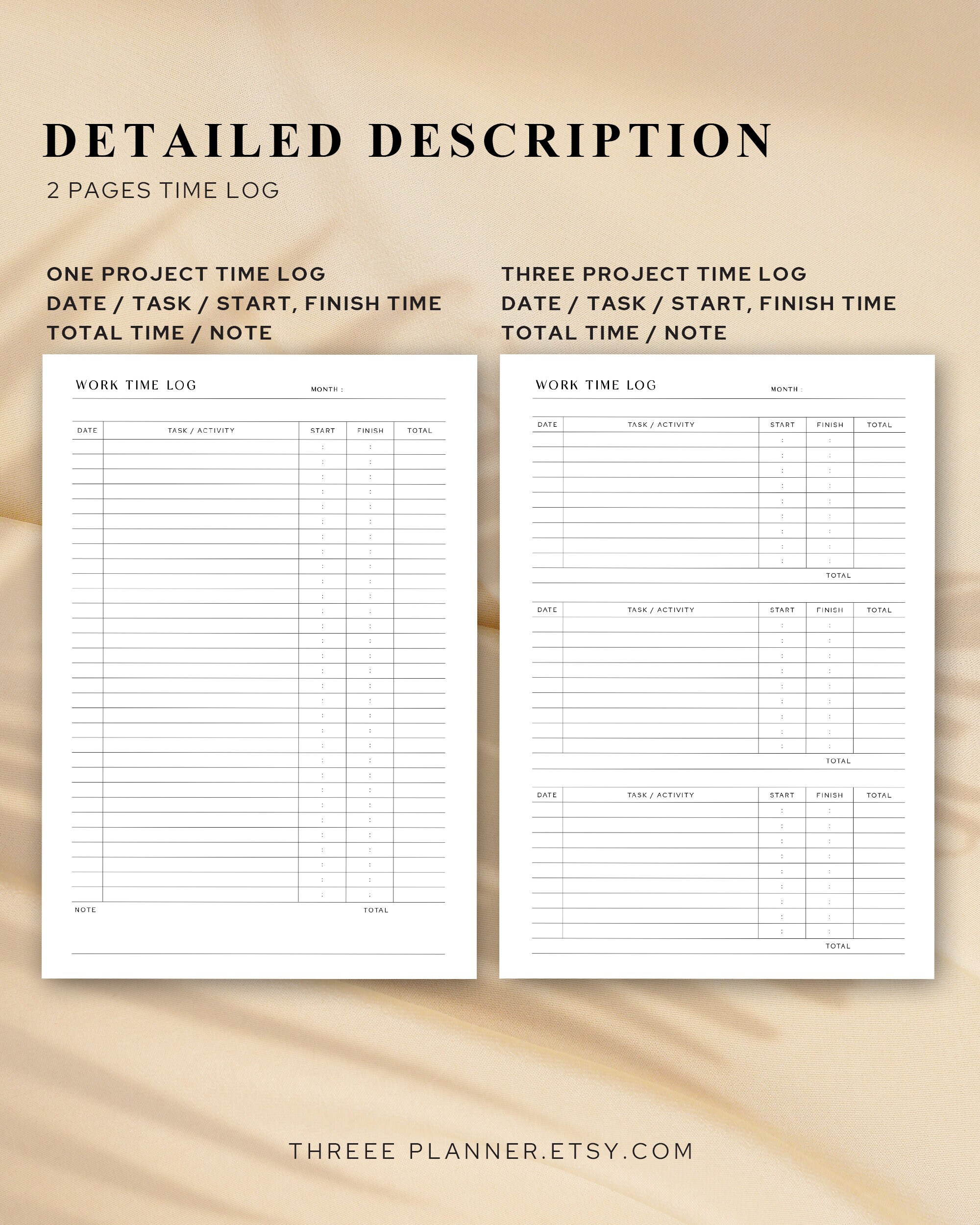 Work Time Log Printable, Task Time Tracker, A4 A5 Letter Half-size PDF ...