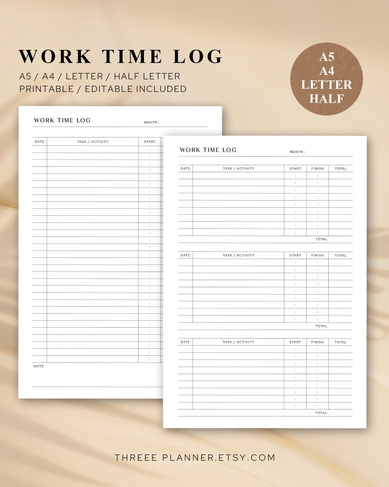 Work Time Log Printable, Task Time Tracker, A4 A5 Letter Half-size PDF ...