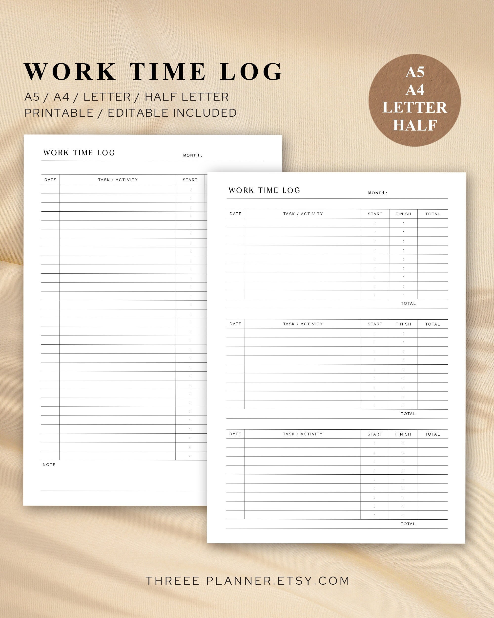 Work Time Log Printable, Task Time Tracker, A4 A5 Letter Half-size PDF ...