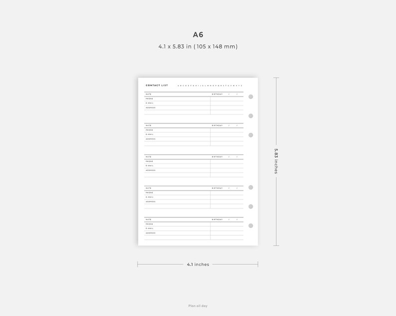 A6 Inserts: Contact List Printable Address Book Prints - Etsy