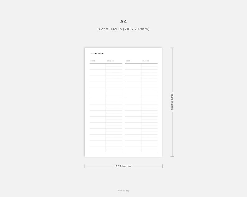 A4 US Letter Inserts: Vocabulary List Printable 2 Versions L | Etsy