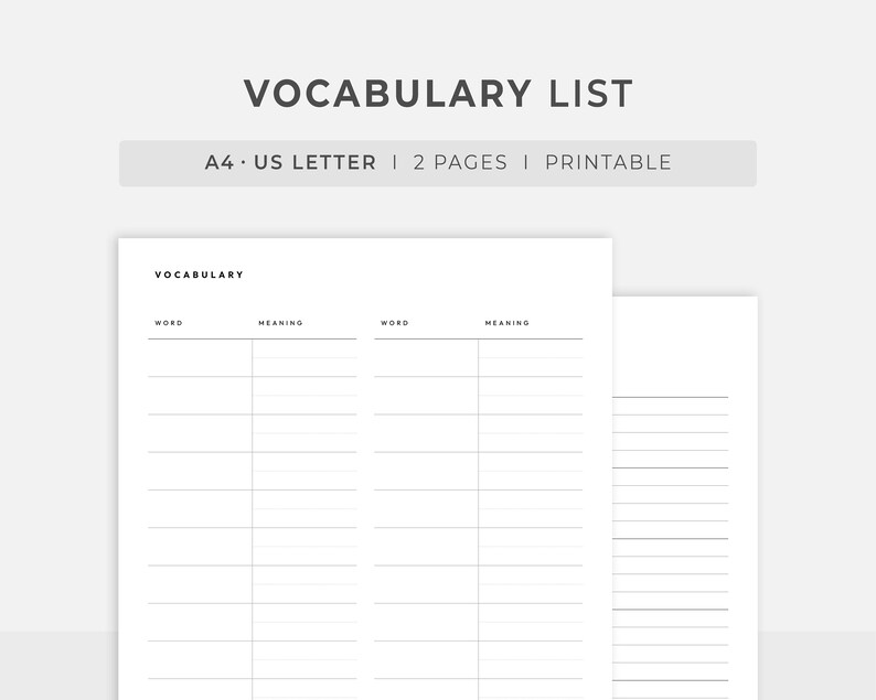 A4 US Letter Inserts: Vocabulary List Printable 2 Versions L | Etsy