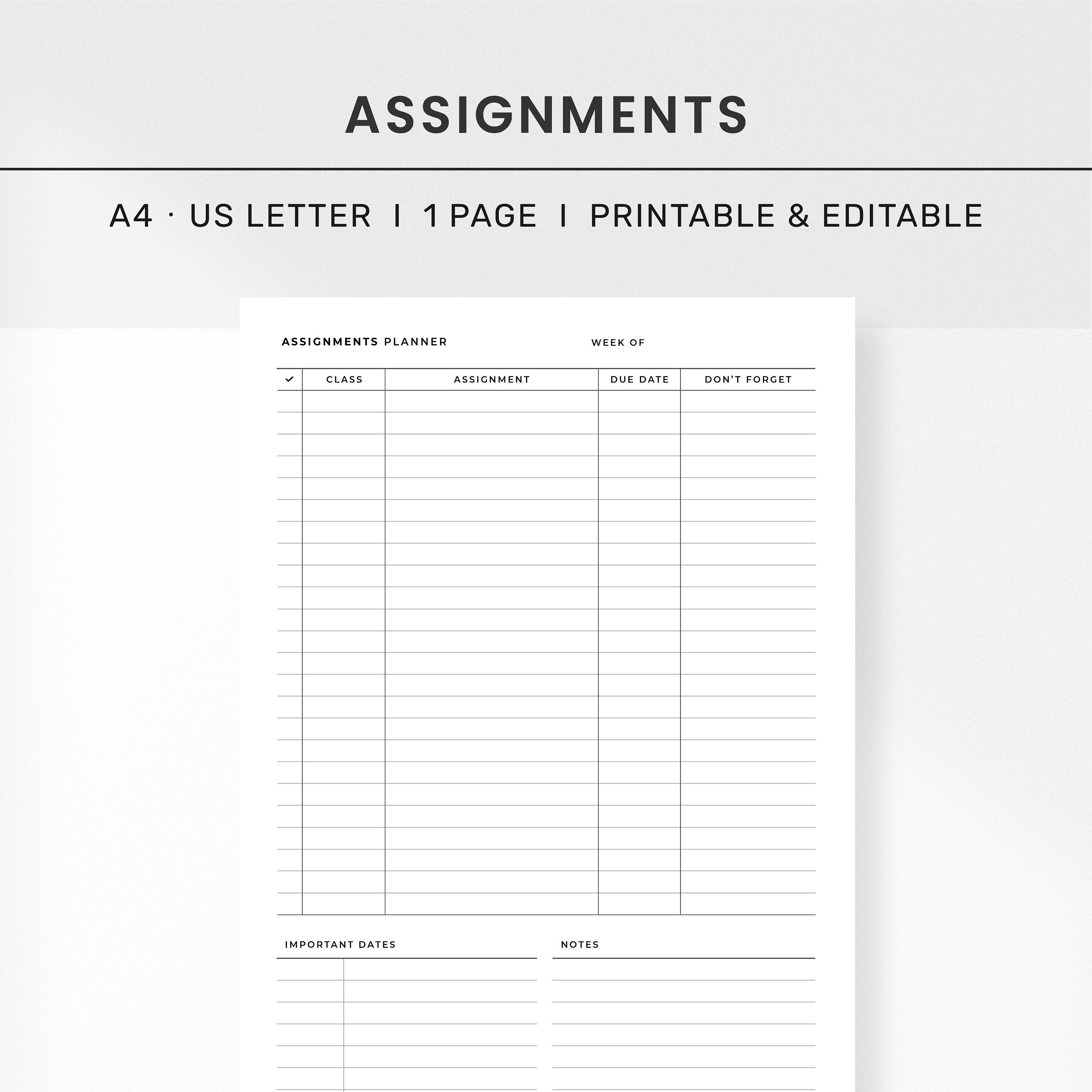 Assignments Planner Printable Editable A4 US Letter Size | Etsy