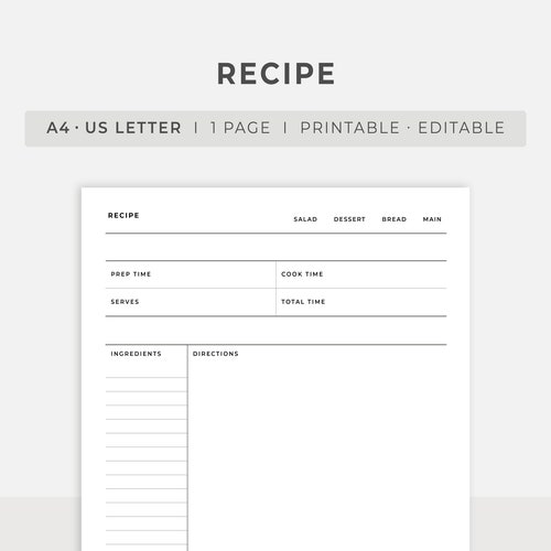 US LETTER SIZE Simple Recipe Template Editable Modern | Etsy