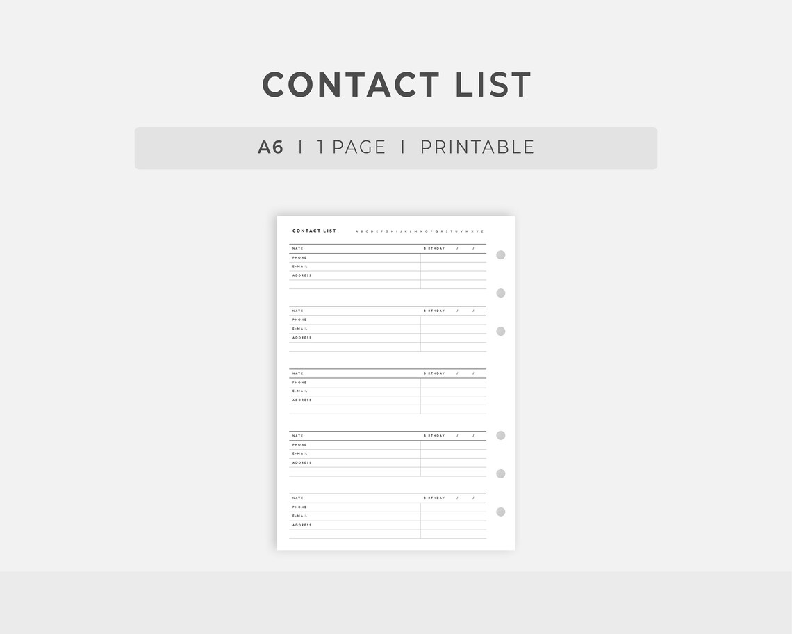 A6 Inserts: Contact List Printable Address Book Prints - Etsy