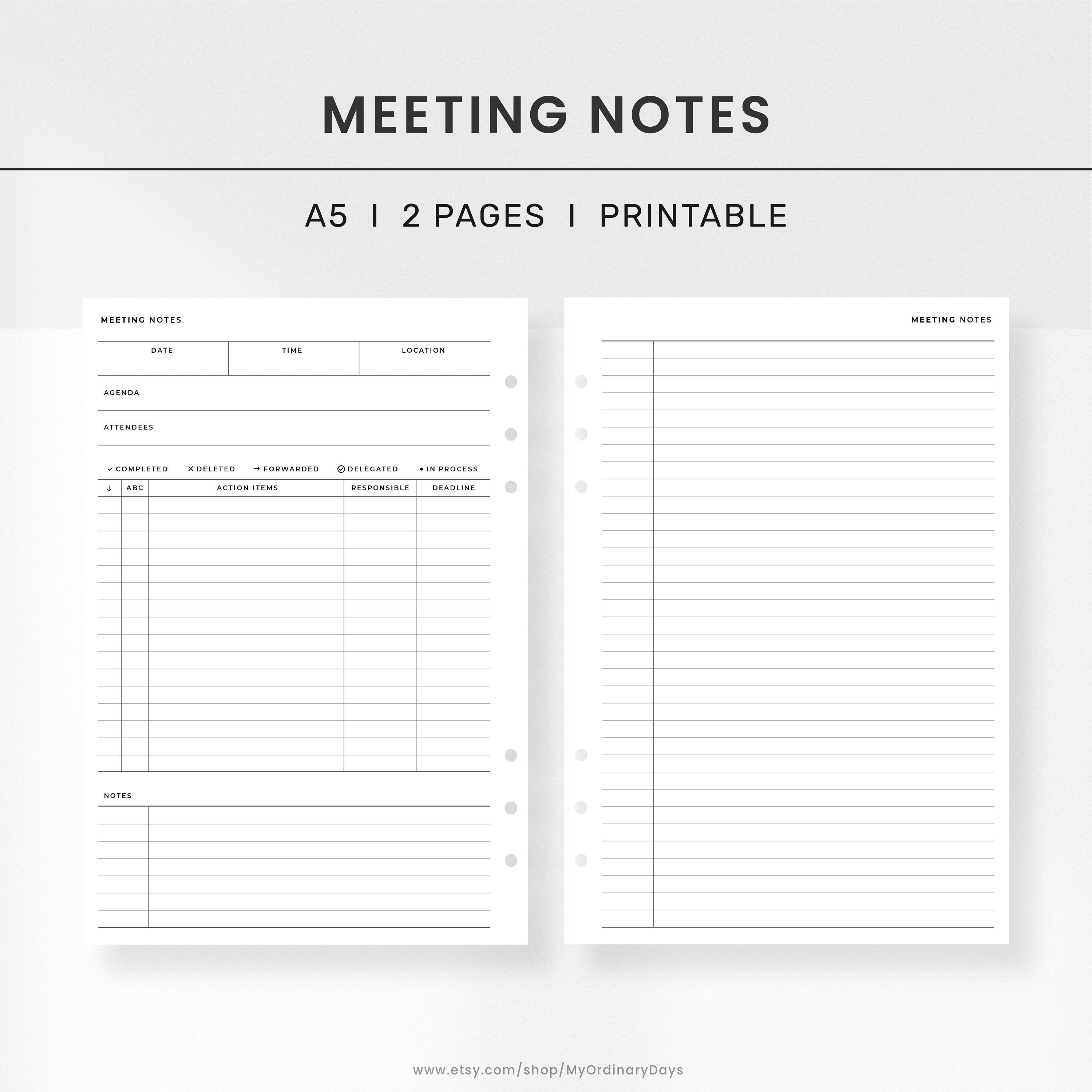 Meeting Notes Template Printable A5 Insert 2 Pages Team | Etsy
