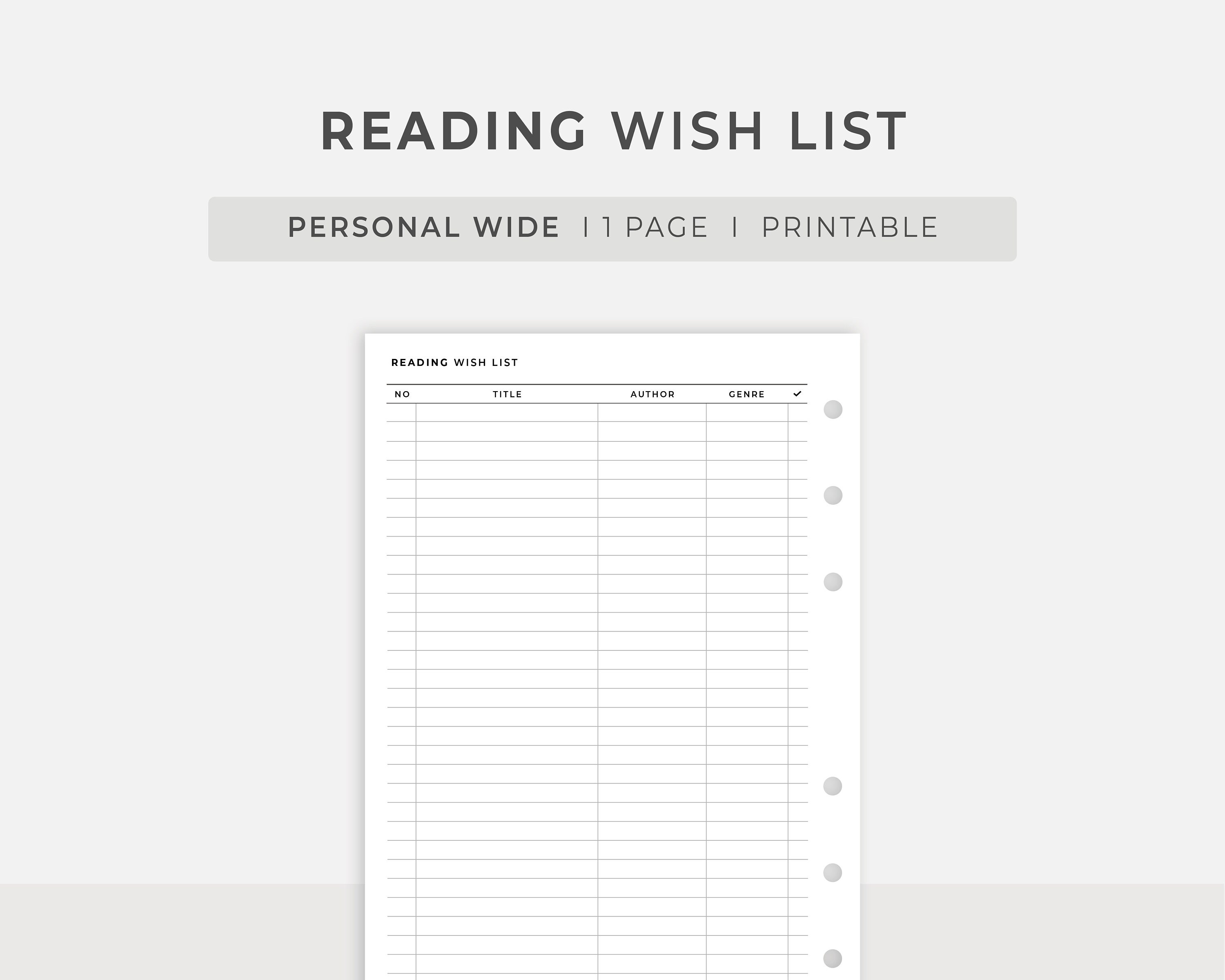 Paper Printable Download Personal Wide Planner Inserts Reading Log ...
