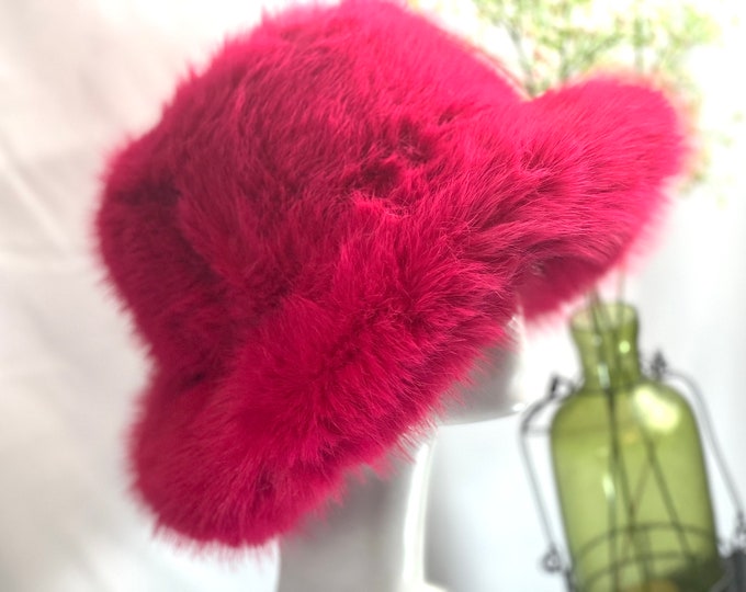 Magenta Pink Extra Wide Wire Brim Fuzzy Bucket Hat-floppy Hat-pink Fur ...