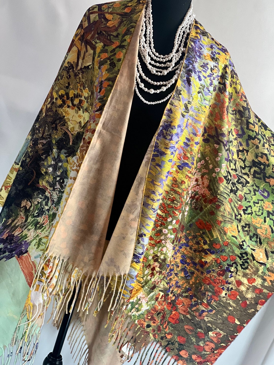 FLOWERING in the Garden by Van Gogh Print Ruana Tassel Fringe Details Poncho Ruana Wrap Free ...