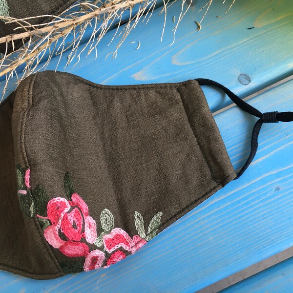 Rose Embroidery Face Mask - Etsy