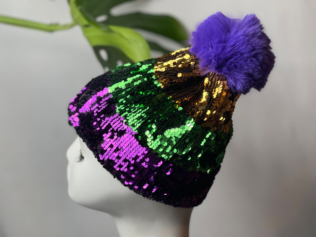 Mardi Grass Sequin Pom Pom Hat Sparkle Ombre Sequin Purple and Gold Stunning Purple Sequin ...