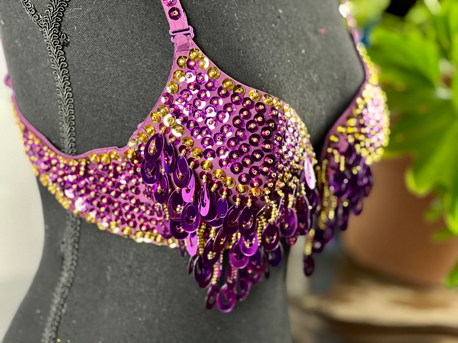 Beautiful PURPLE Gold Handmade Tribal Zari Bra Pendant Fringe Belly ...