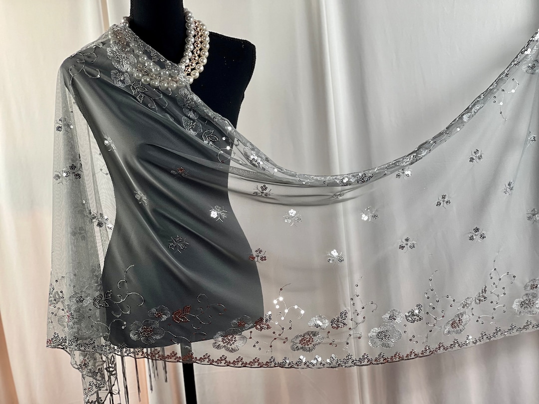 Elegant Silver Gray Floral Sequin Flower Decor Sheer Lace Shawl Scarf ...
