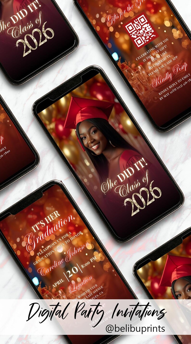 Red Graduation Invitation Template Digital QR Code Graduation Party ...