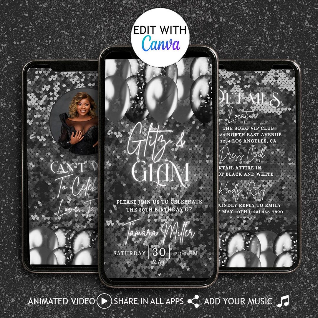 Black Glitz and Glam Birthday Invitation Template: Digital DIY Glitzy ...