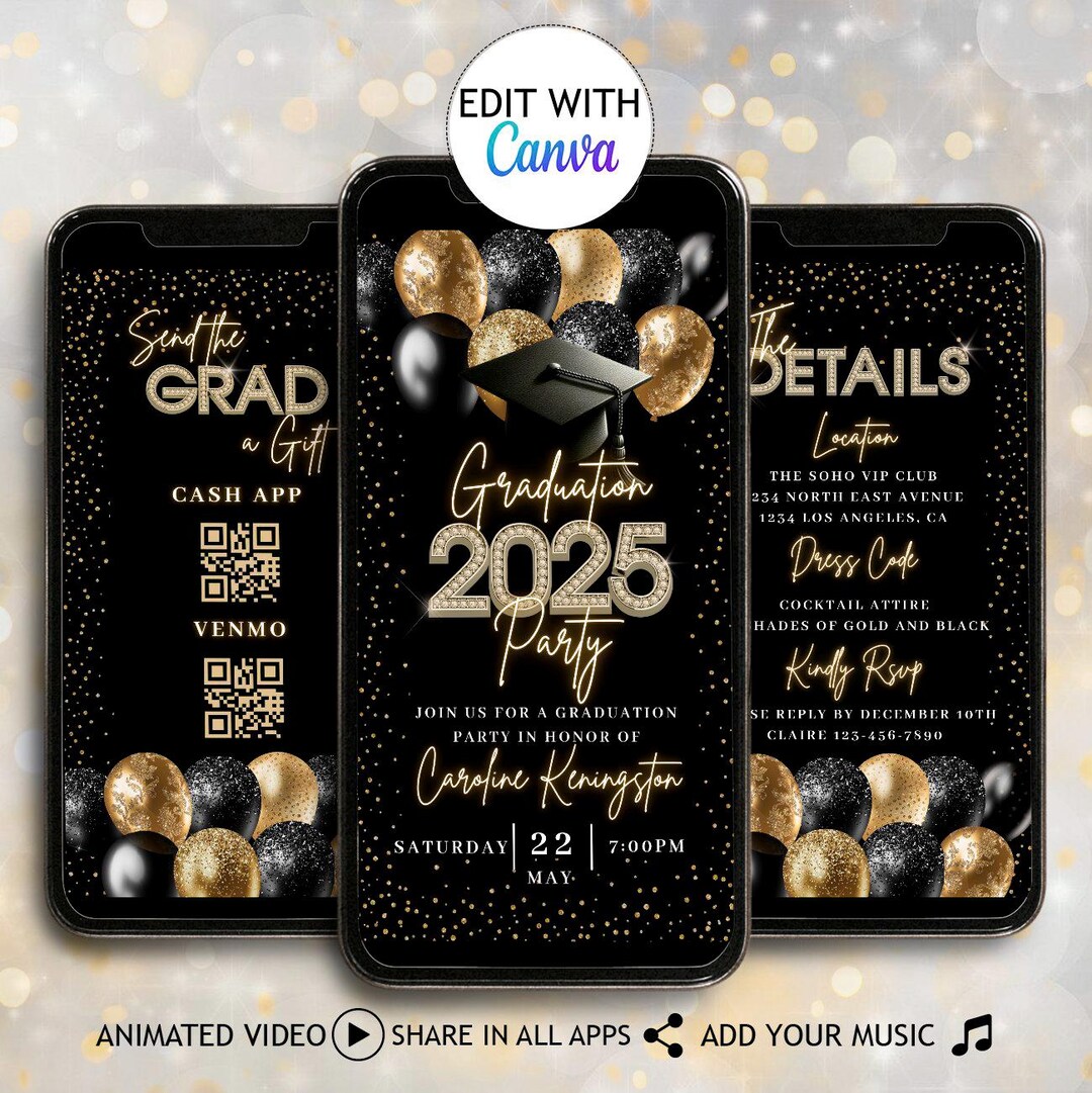 Black Gold Graduation Invitation Class 2025 Senior Grad Party Invite ...