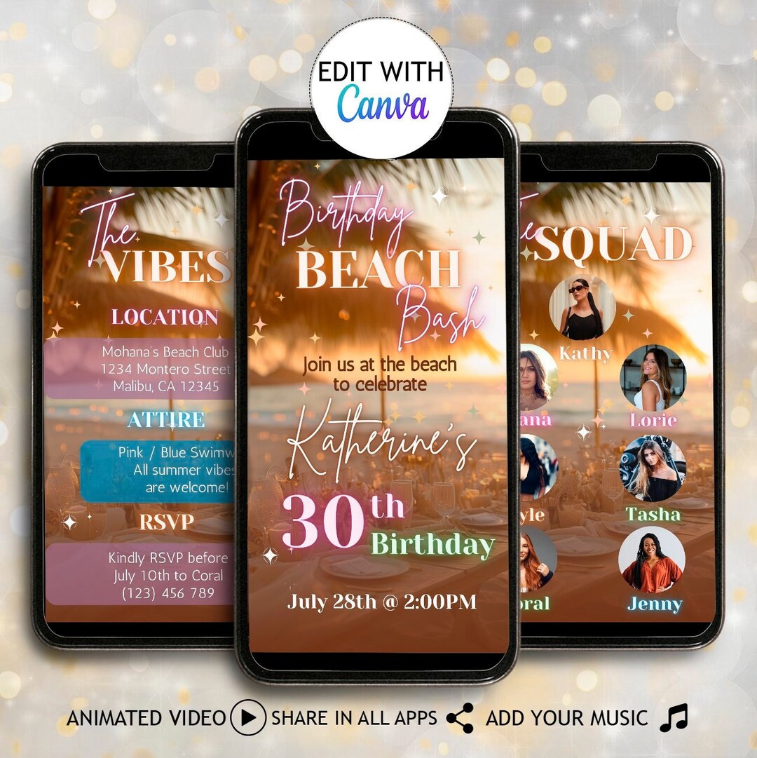 Digital Beach Party Invitation Itinerary Template Beach Birthday Bash ...