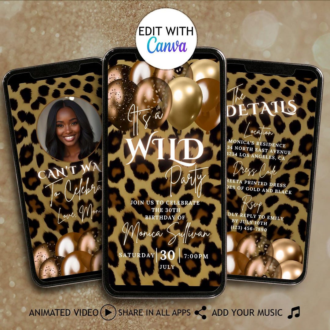 Gold Cheeta Leopard Birthday Invitation Wild Night Party Invite DIY ...