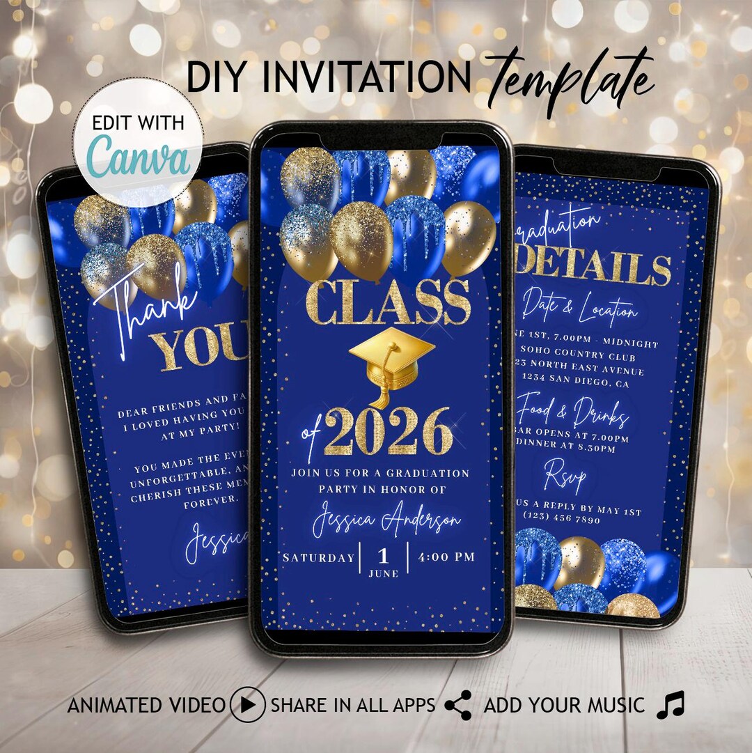 Digital Royal Blue Gold 2026 Graduation Video Invitation Template ...