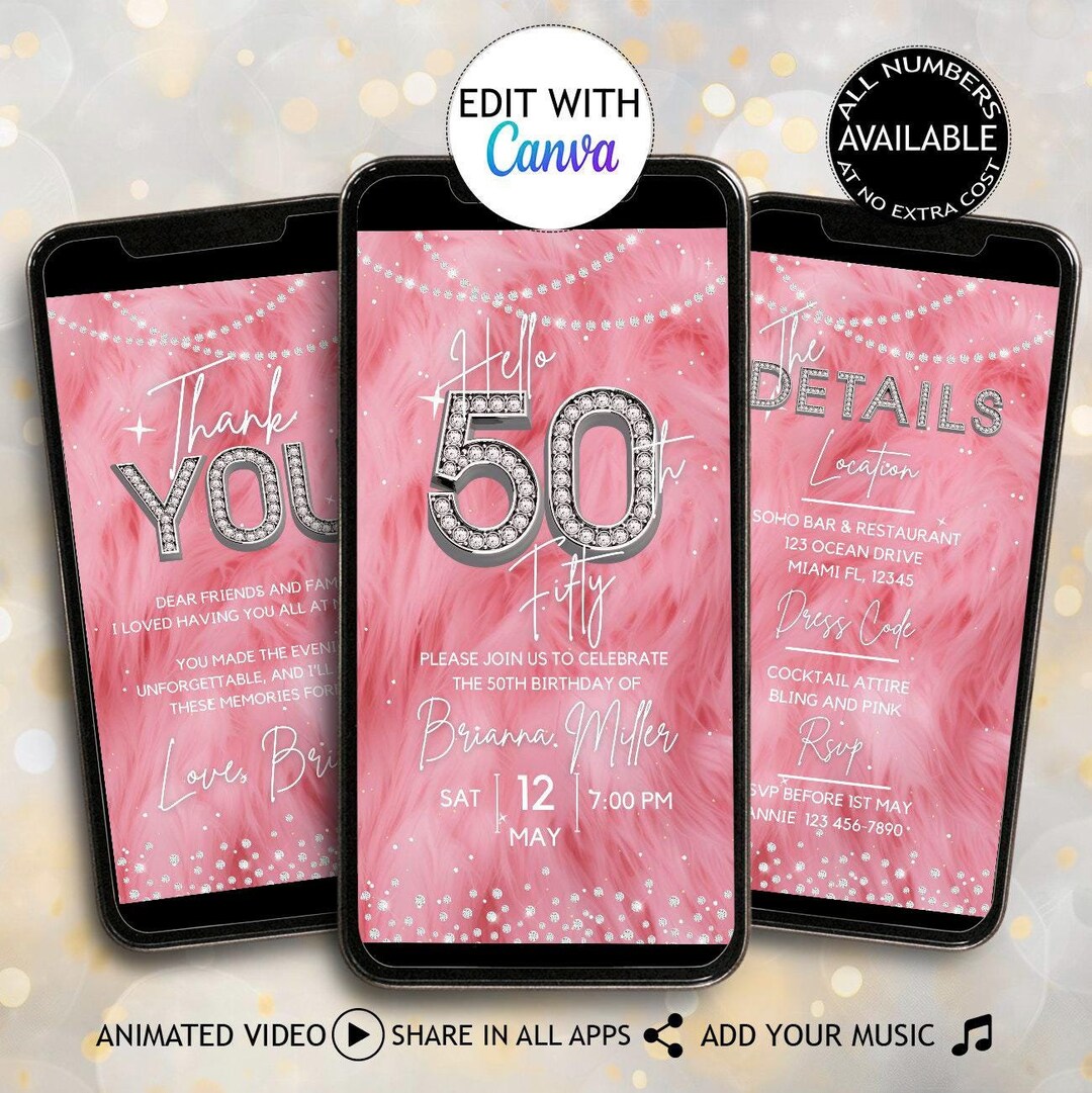Digital Pink and Bling 50th Birthday Video Invite Editable Faux Fur ...