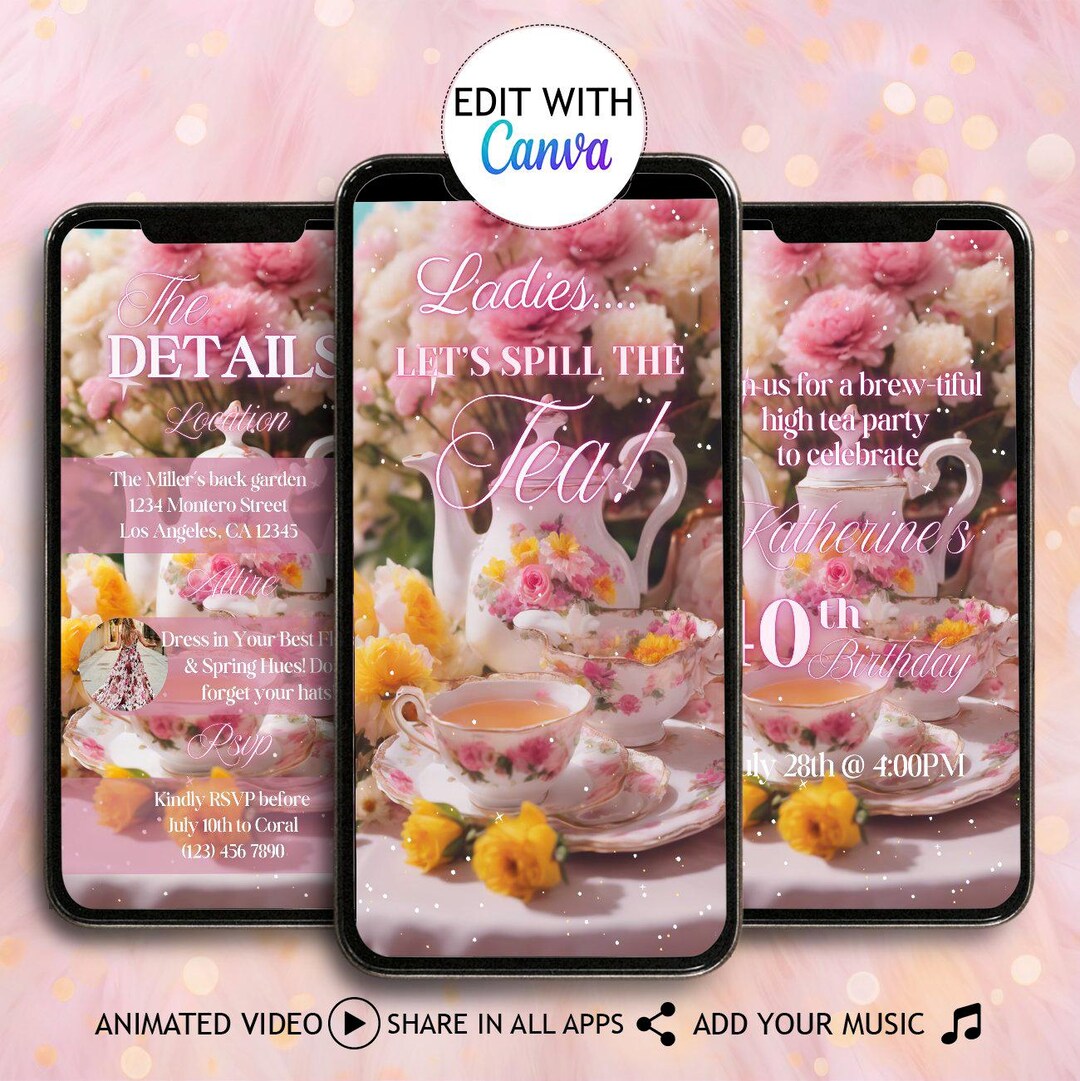 Pink Floral Classic Tea Party Invitation Template Animated High Tea ...