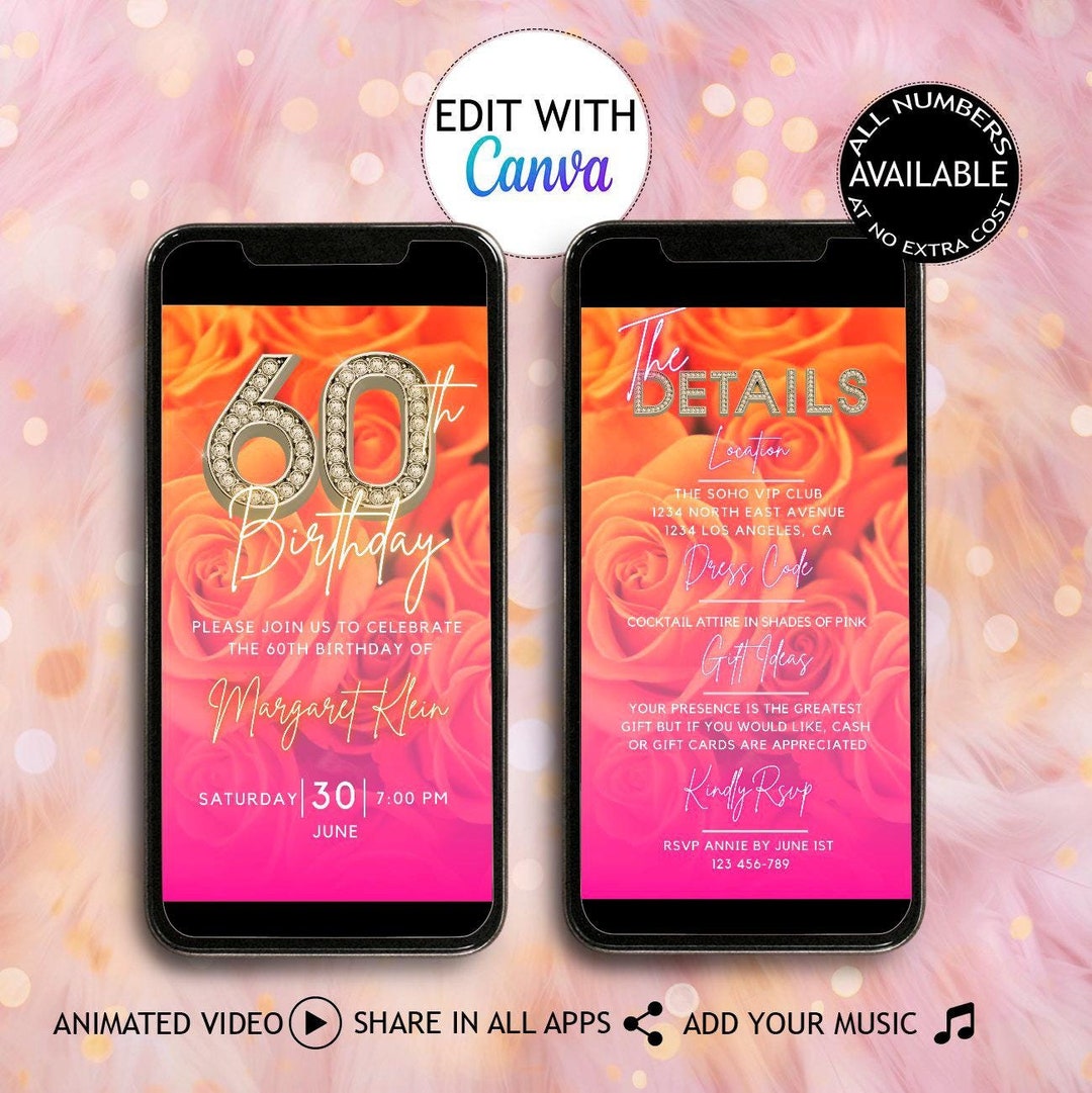 60th Gold Birthday Orange Pink Invitation Floral Diamonds Invite ...