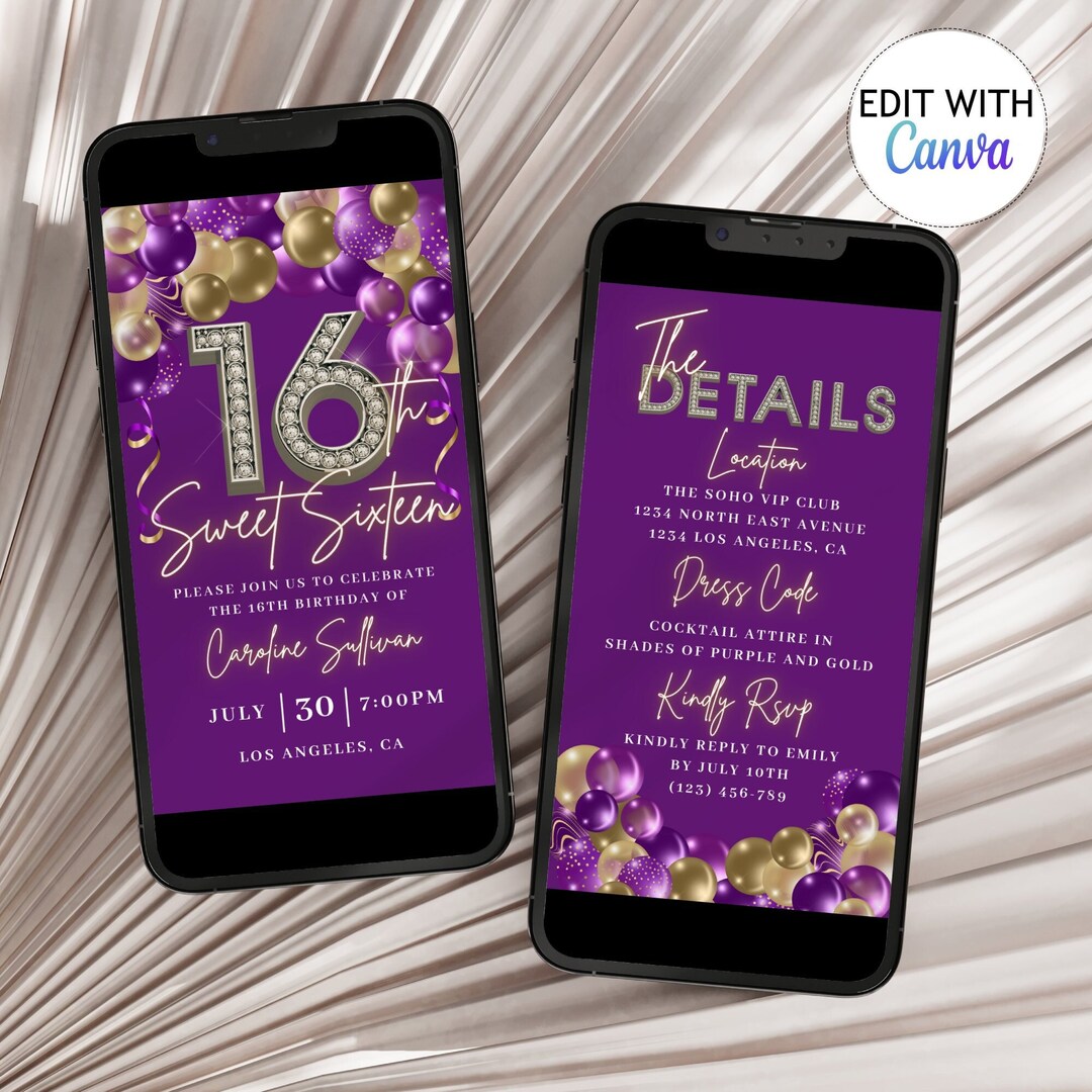 Electronic Sweet Sixteen Purple Birthday Invitation Template Editable ...