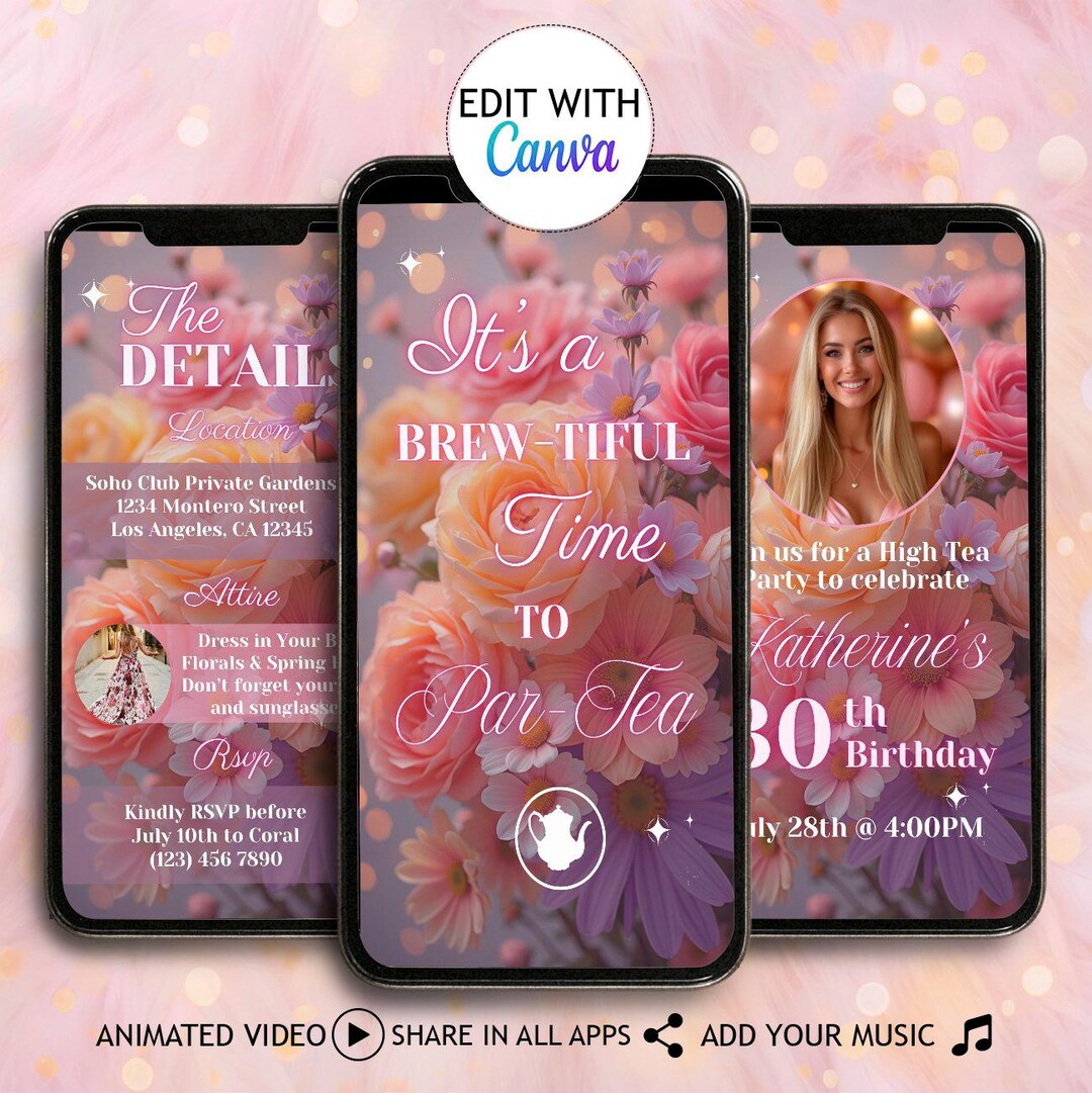 Floral Tea Party Animated Glam Birthday Video Invitation Par-tea Brunch ...
