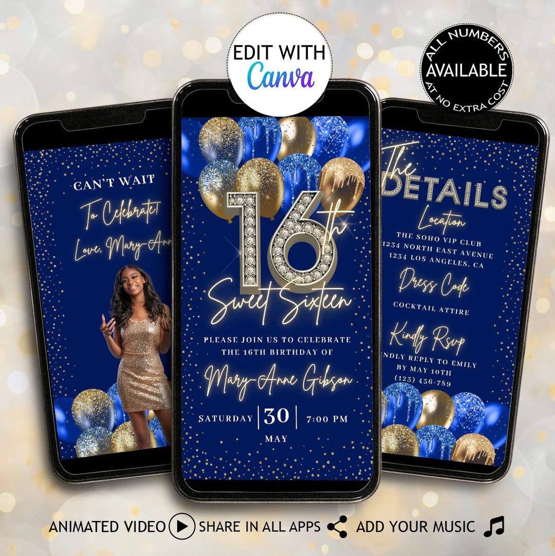 Royal Blue Gold Sweet Sixteen Birthday Video Animated Invitation ...