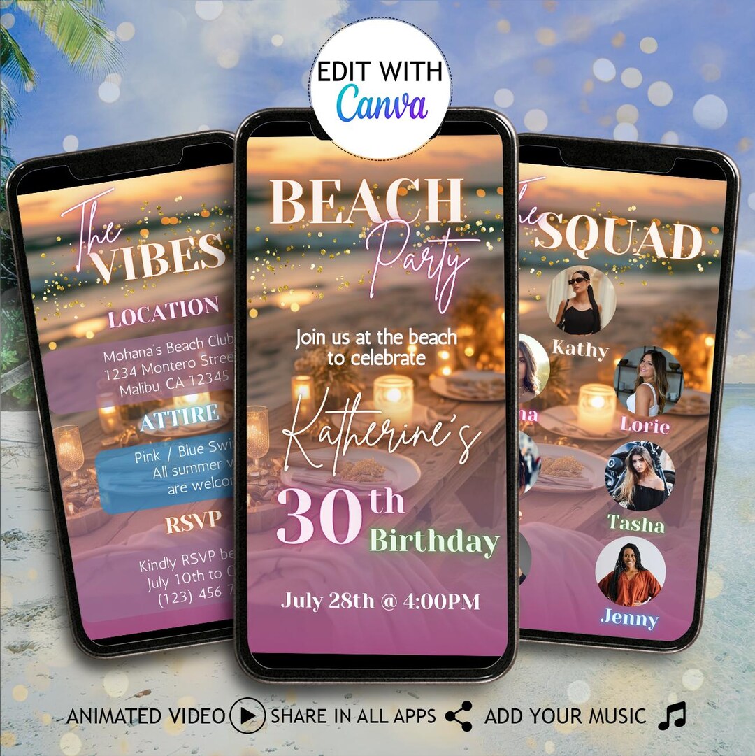 Pink Beach Party Invitation Template Birthday Itinerary Invite Digital ...