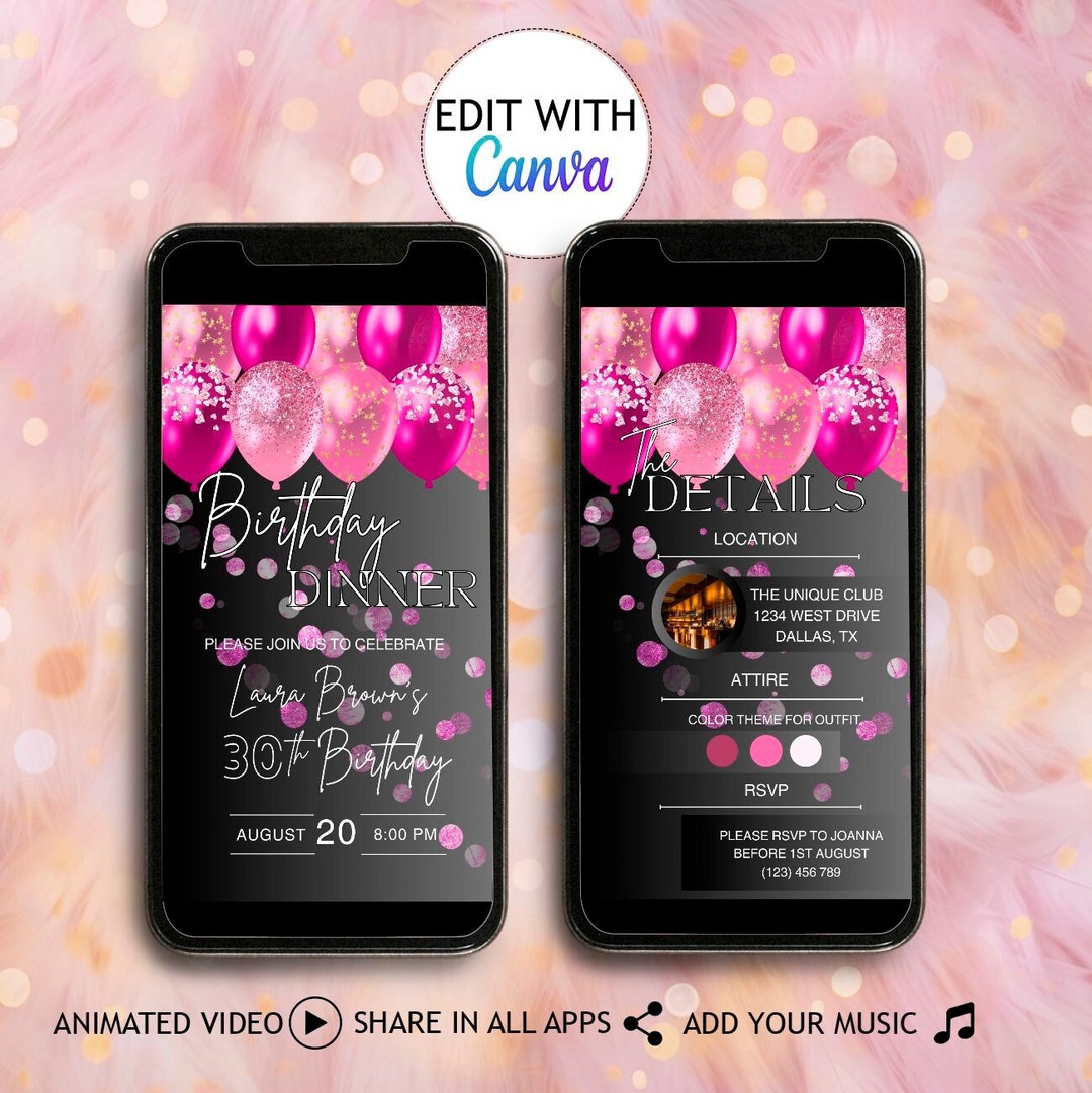 Digital Hot Pink Birthday Party Balloons Invitation Template Electronic ...