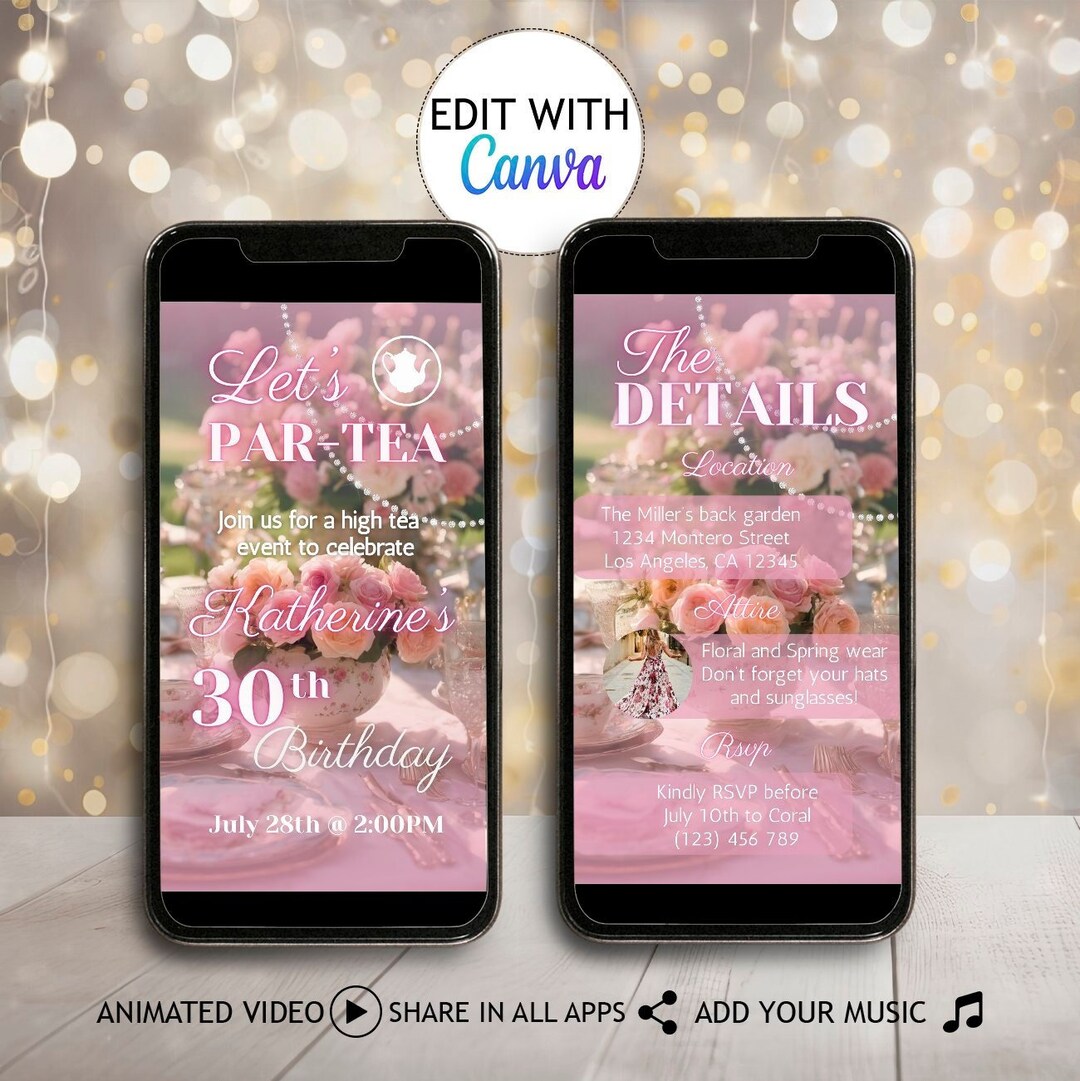 Pink Floral Classic Tea Party Invitation Template Animated Par-tea ...