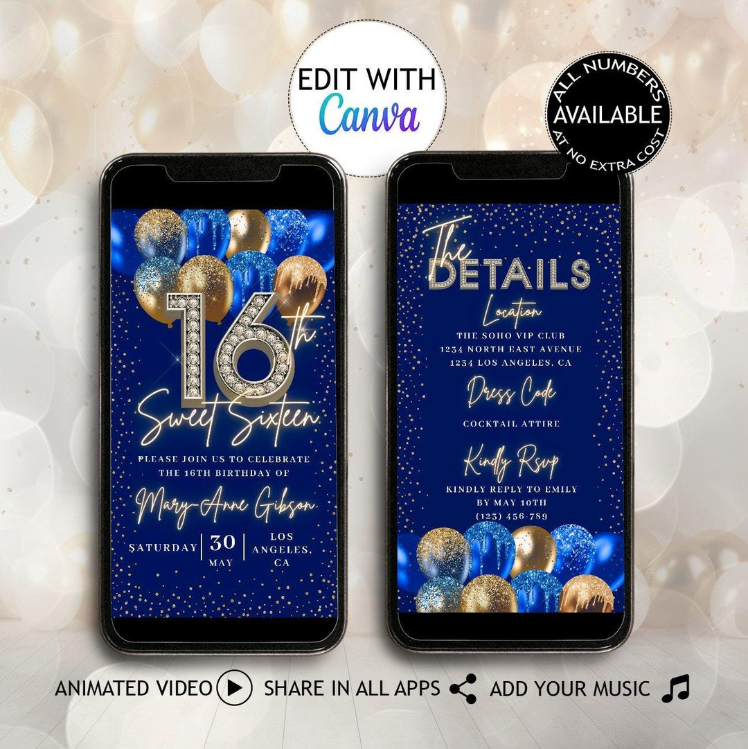 Electronic Royal Blue Gold Sweet Sixteen Birthday Video Animated ...