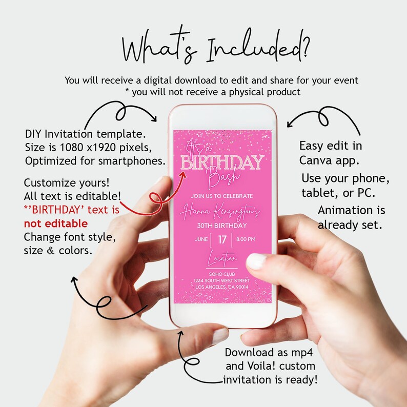 Electronic Hot Pink Birthday Bash Animated Invite Template Editable ...