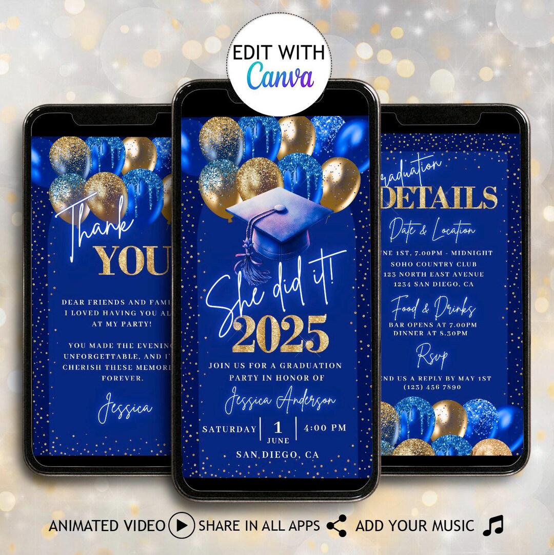 Royal Blue Graduation Invitation Template Golden Class 2025 Senior ...