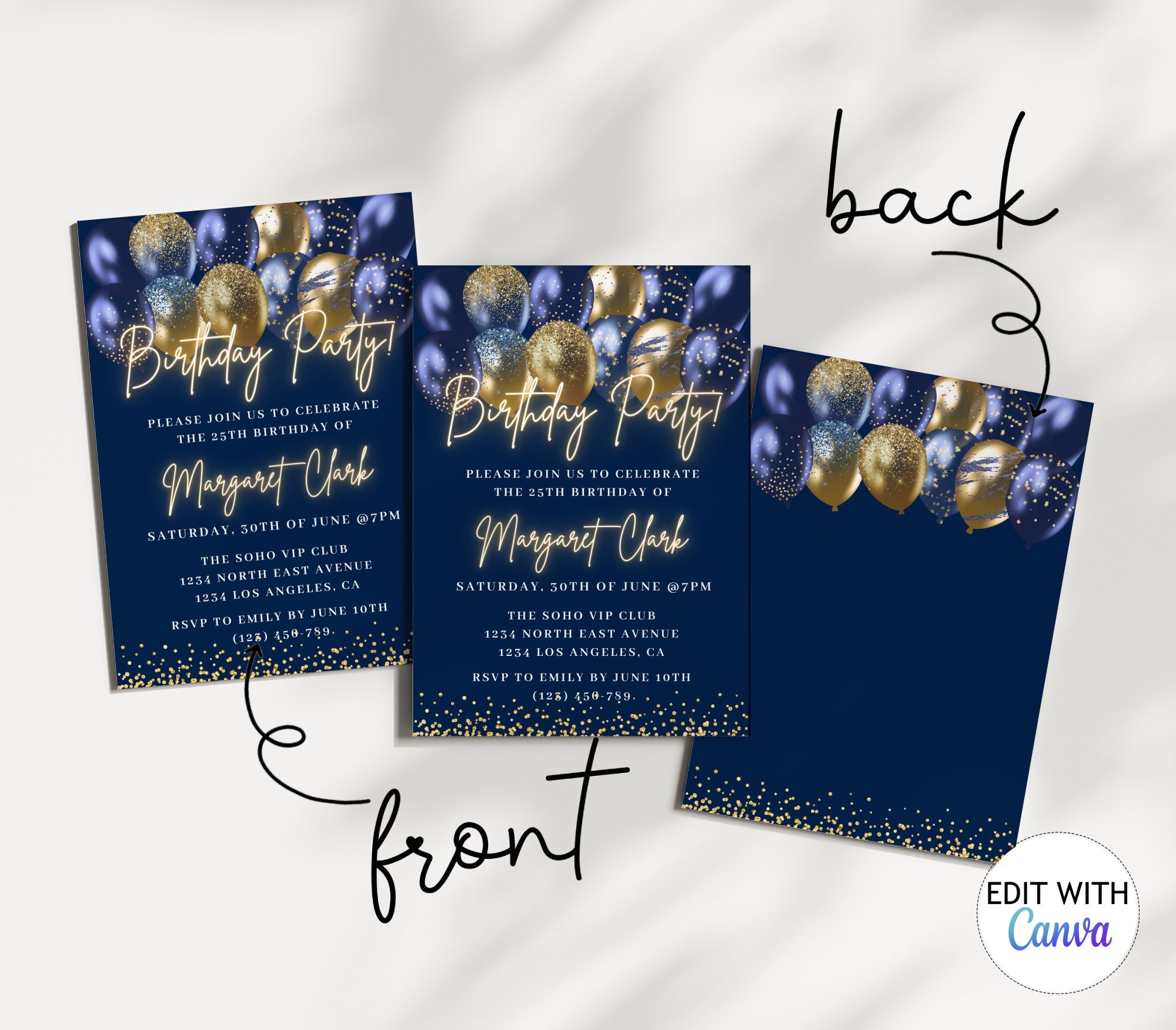 Navy Blue Birthday Party Invitation Template Editable Blue Birthday ...